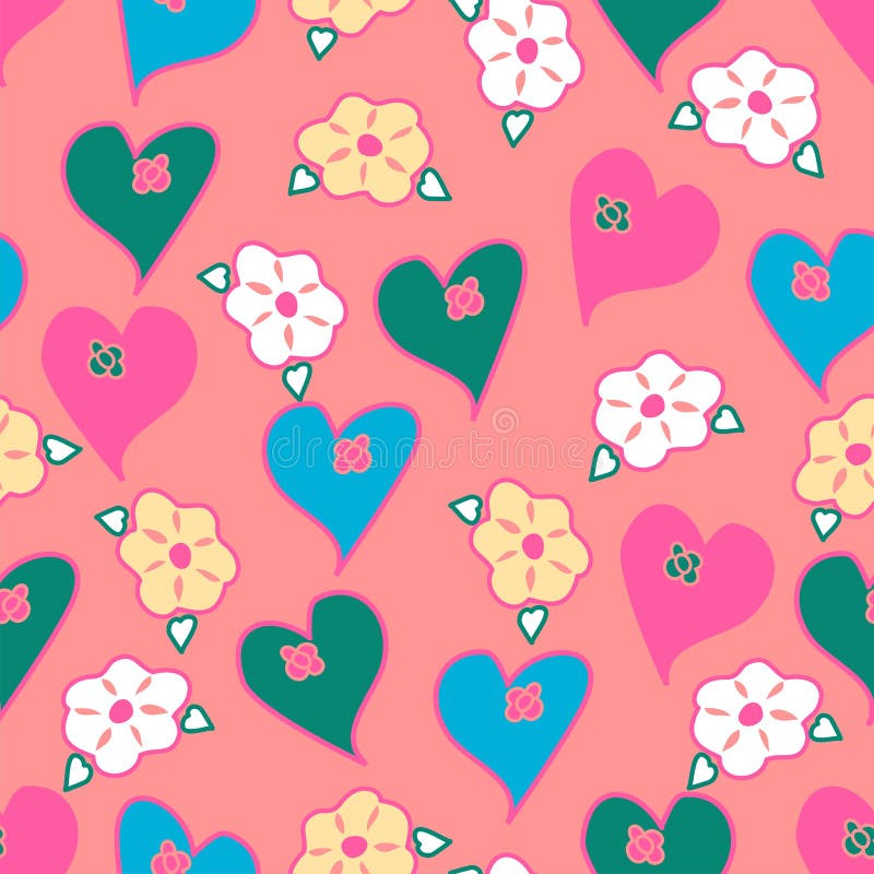 80s Inspired Hearts and Flowers Vector Repeatable Pattern in Pink, Blue ...