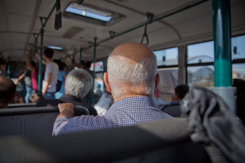 People in Old Public Bus, View from Inside the Bus . People Sitting on ...