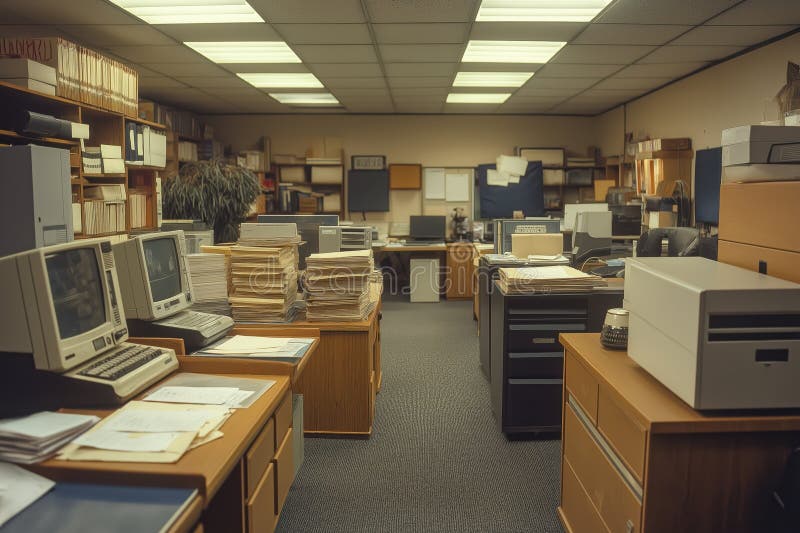 1990s Office Interior with Cubicles, CRT Monitors, and Cluttered Desks ...