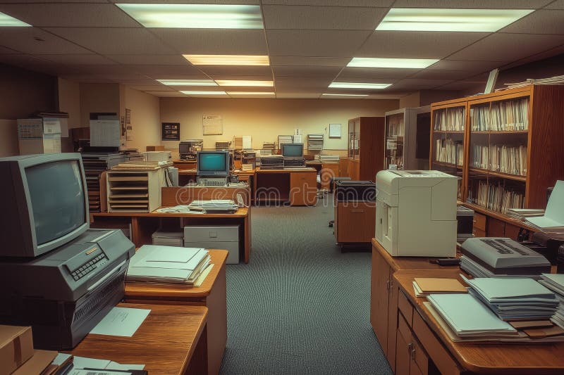 1990s Office Interior with Cubicles, CRT Monitors, and Cluttered Desks ...