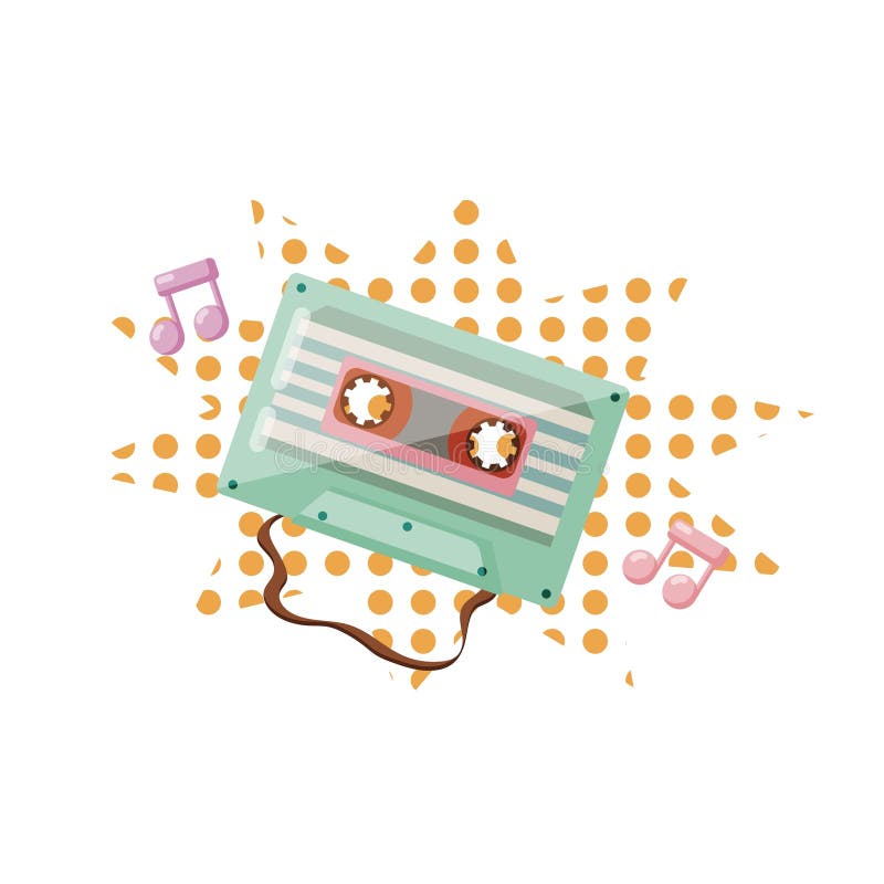 90s Retro Audio Cassette with Musical Notes. Flat Style Vector ...