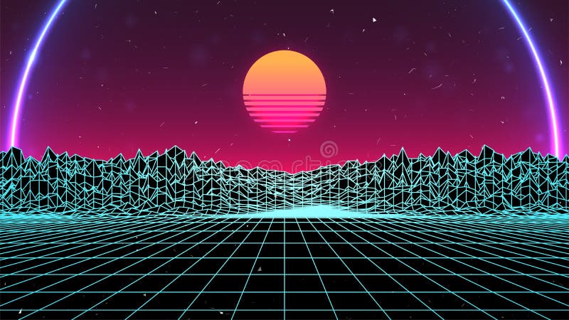 80s Retro Background. Virtual 3d Sunset Over Wireframe Computer ...