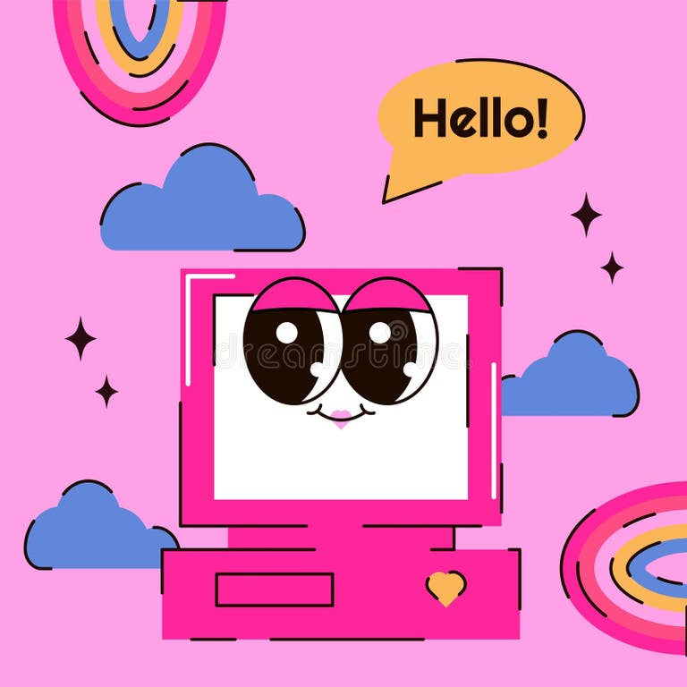 2000s Retro Elements Rainbow Vector. Groovy Character Computer with ...