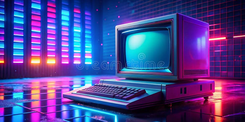 80s Retro Gaming Computer NeonLit Cyberpunk Digital Art Render a ...