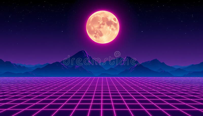 80s Retro Landscape with Neon Moon, Synthwave Style and Nostalgic ...
