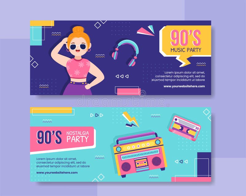90s Retro Party Poster Template Flat Cartoon Background Vector ...