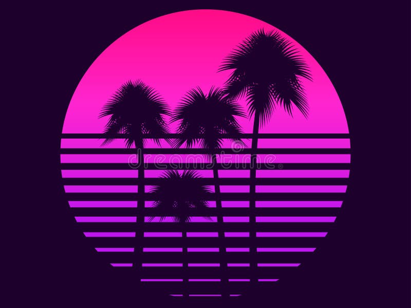 80s Retro Sci-fi Palm Trees on a Sunset. Retro Futuristic Sun with Palm ...