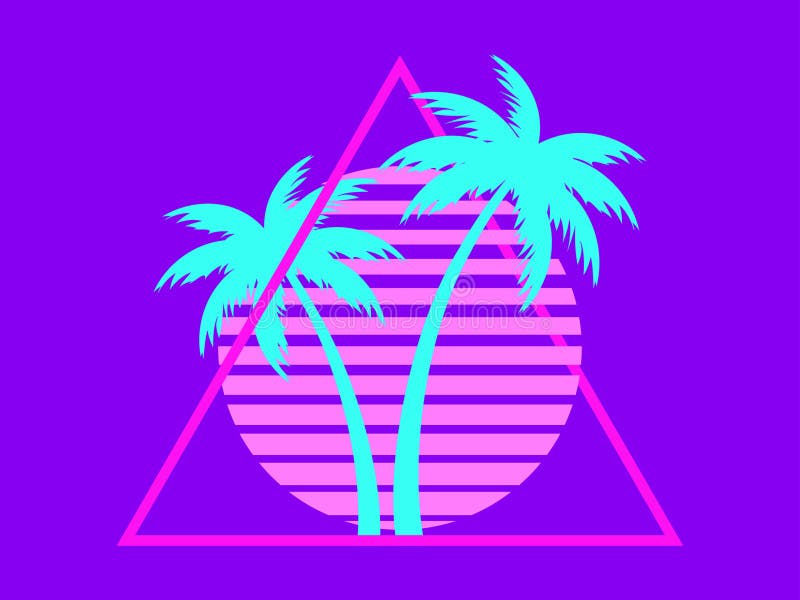80s Retro Sci-fi Palm Trees on a Sunset in Triangular Frame. Retro ...