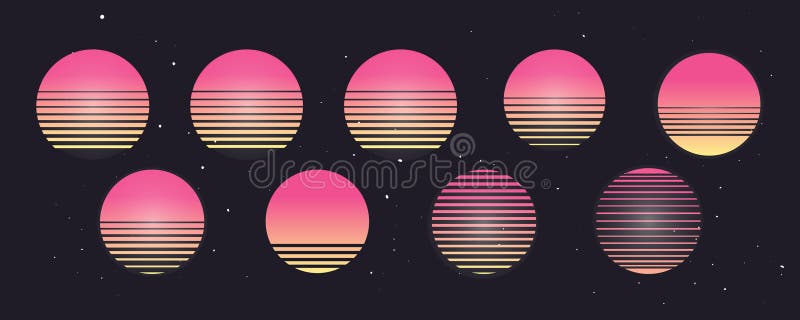 80s Retro Sunset Collection. Set of Vintage Graphics with Sun Dipped in ...
