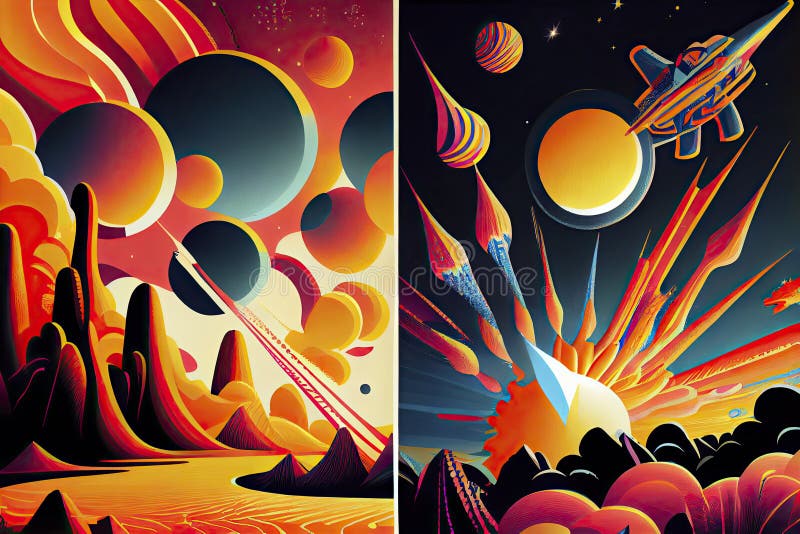 1960s-1970s Retro Style Space Illustrations. Psychedelic Style Stock ...