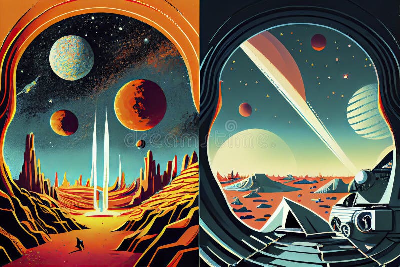 1960s-1970s Retro Style Space Illustrations. Psychedelic Style Stock ...