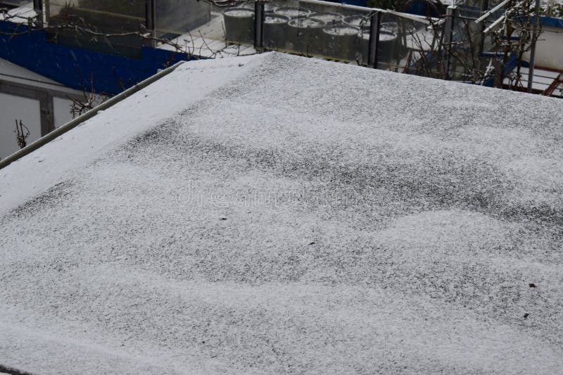 Fresh Snow Falling on a Flat Roof with Roofants on the Sides Stock ...