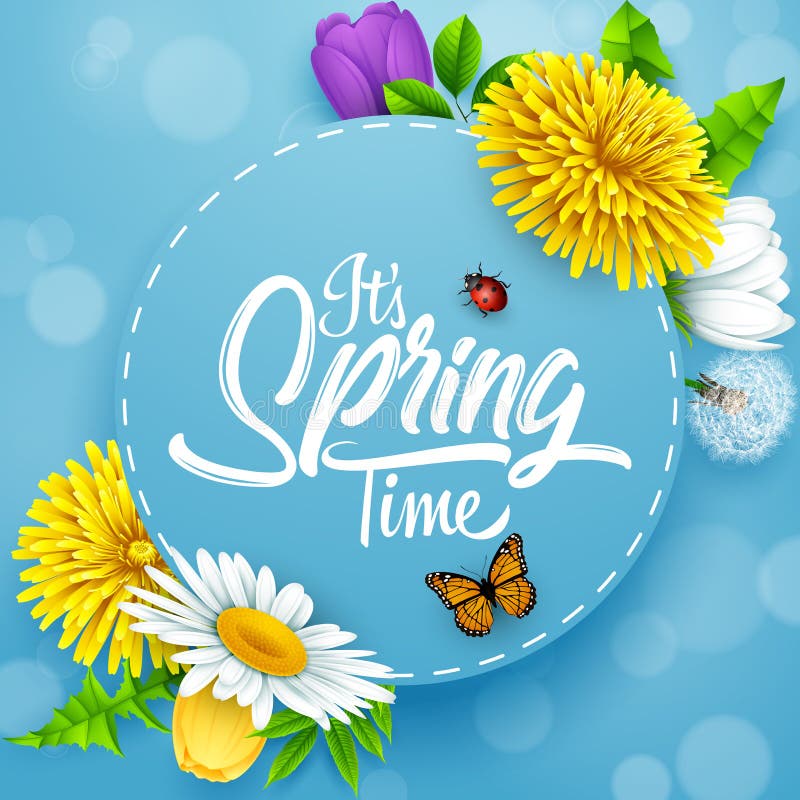 It`s Spring Time Banner with Round Frame, Insects and Flower on Blue ...