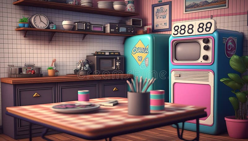 90s Style Detalied, Retro Design Room Background. AI. Stock ...
