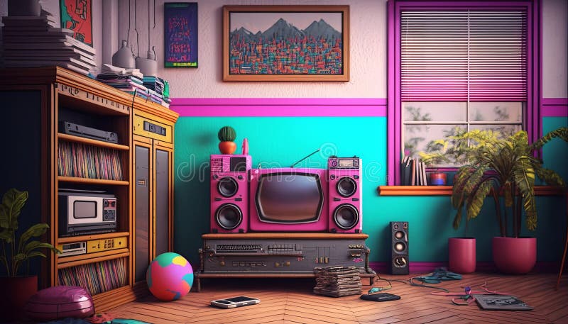 90s Style Detalied, Retro Design Room Background. AI. Stock ...