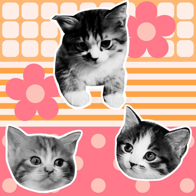 60 S Style Funky Pop Collage with Cute Kittens. Stock Illustration ...