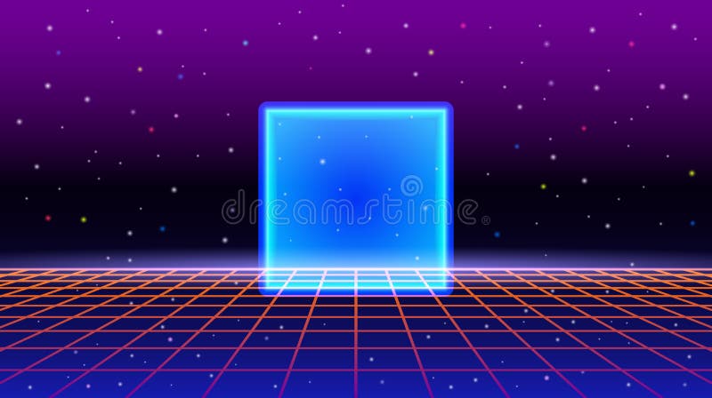 80s Style Night Sky with Neon Cube and Perspective Grid Stock ...