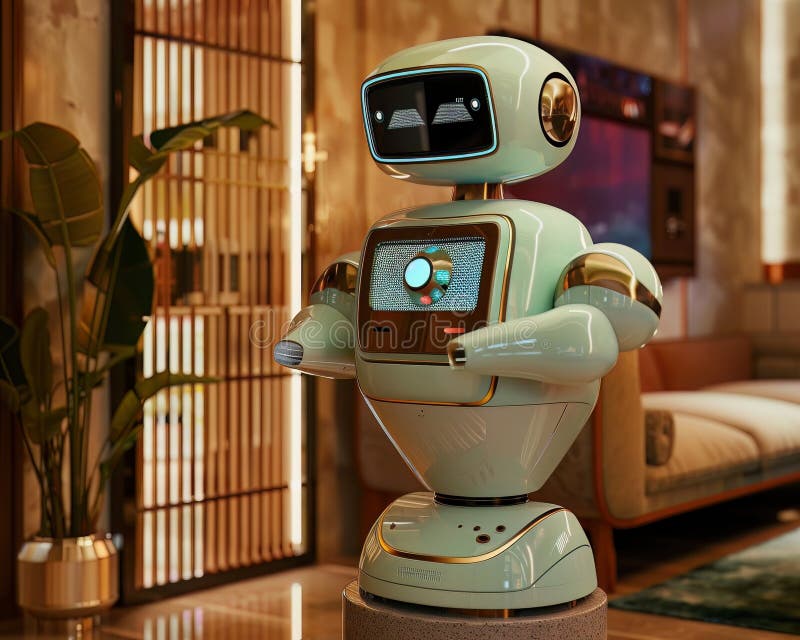 1950s Style Robot with Touch Screen Interface Helping in a Modern Home ...