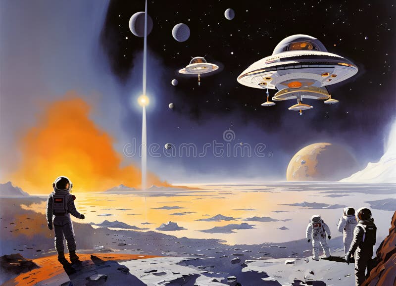 1950s Science Fiction Illustration of Astronauts on a Planets Surface ...