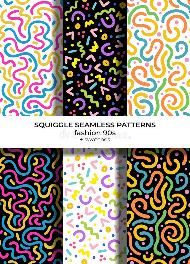 90s Style Squiggle Doodle Seamless Patterns Set Stock Vector - Illustration of black, design ...