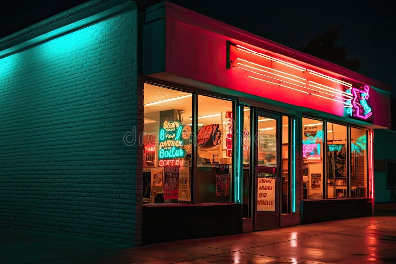 80s-style Store Exterior with Window Display of Retro Electronics and ...