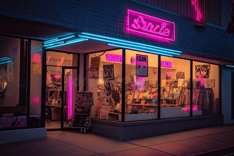 80s-style Store Exterior with a Retro Neon Sign in the Window Stock ...