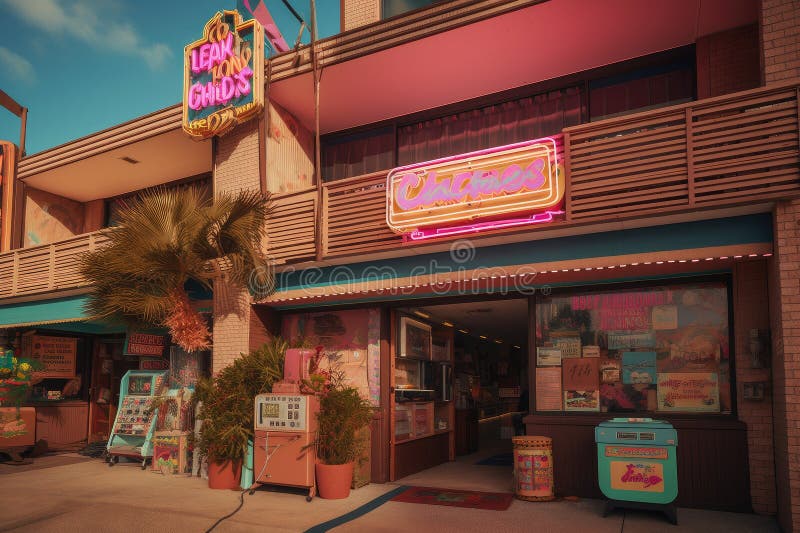 80s-styled Store Exterior with Retro Signage, Decorations, and ...