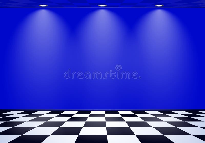 80s Styled Vapor Wave Room with Blue Wall Over Checked Floor Stock ...