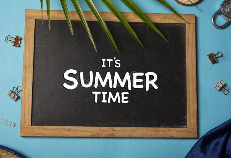 It`s Summer Time Banner with Tropical Leaves on Blue Banner Stock Image ...
