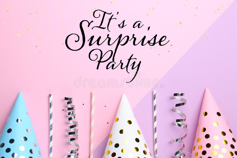 It`s a Surprise Party. Flat Lay Composition with Paper Hats on Color ...