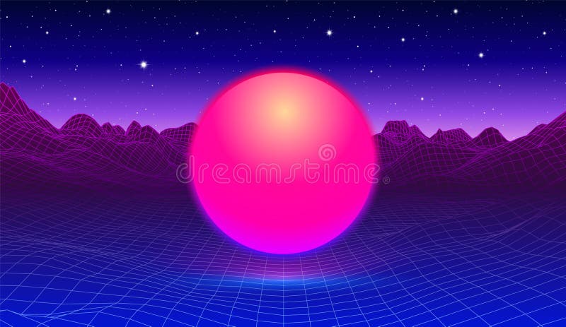 80s Synthwave Styled Landscape with Red Hot Shiny Ball, Grid Mountains ...