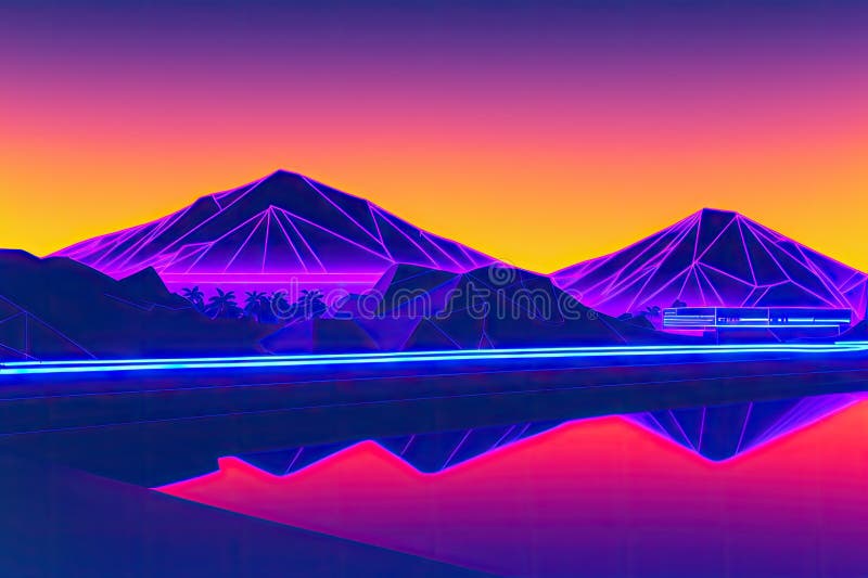 80s Synthwave Styled Landscape, Retrowave Wireframe Mountains, Neon ...