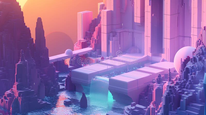 80s Synthwave Wave Building Art with a Isometric View Stock ...