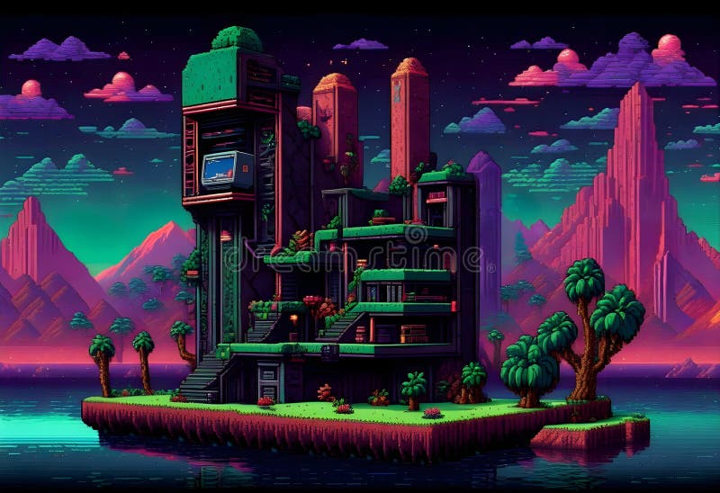 80s Video Game with Pixel Graphics in Isometric 3D Style Stock ...