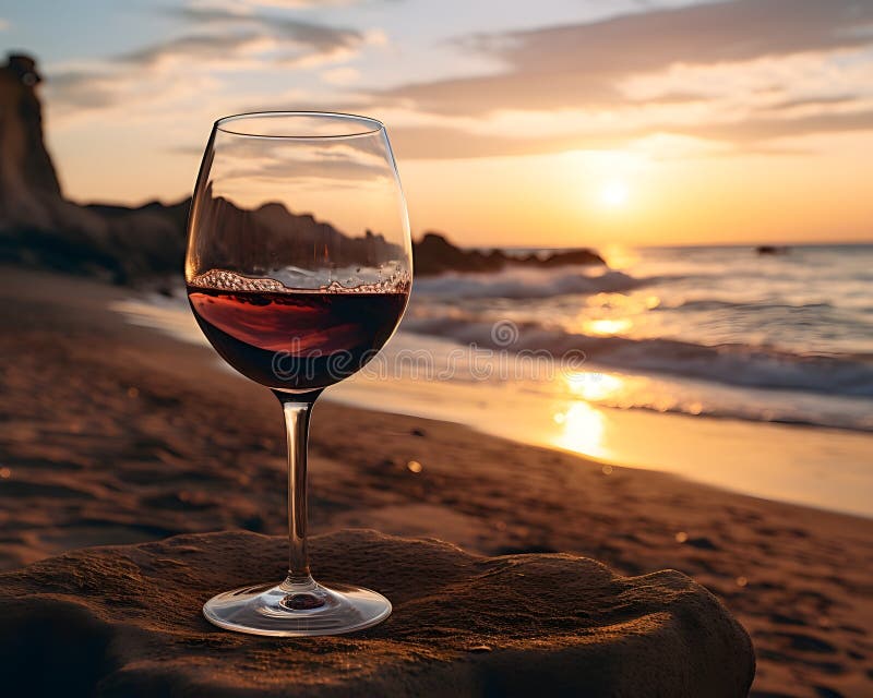 SA Glass of Red Wine Stands on a Sandy Beach, with Waves and a Serene ...