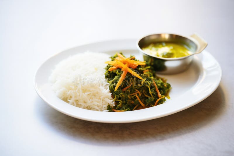 Saag Aloo Served with Basmati Rice on a White Plate Stock Image - Image ...