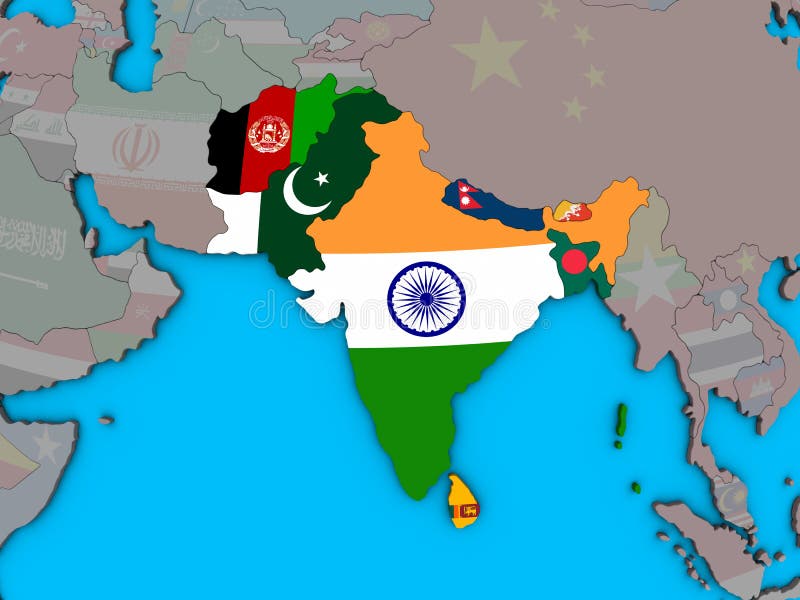 SAARC Memeber States with Flags on 3D Map Stock Illustration ...