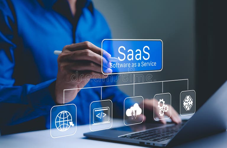 SaaS Concept, Software As a Service, a Person Interacts with a Digital ...