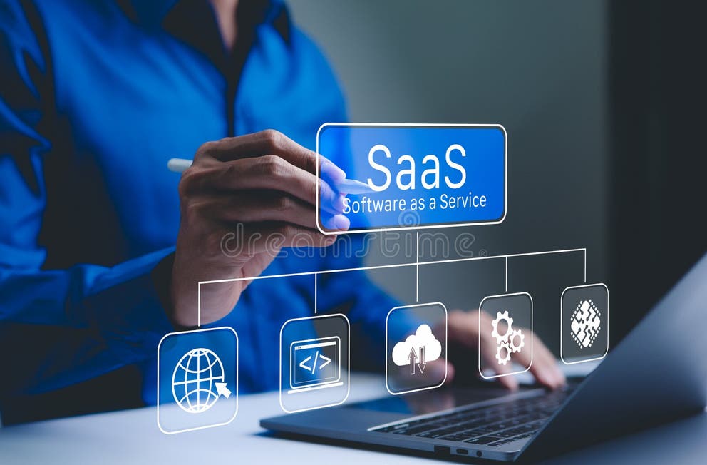 SaaS Concept, Software As a Service, a Person Interacts with a Digital ...