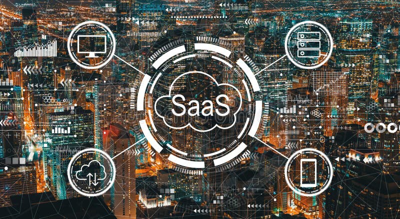 SaaS - Software As a Service Concept with Downtown Chicago Skyscrapers ...
