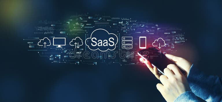 SaaS - Software As a Service Concept with Person Using Smartphone Stock ...