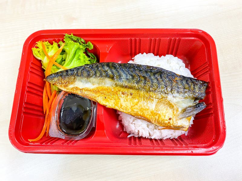 Saba Fish Grilled with Salad in the Food Container Stock Photo - Image ...