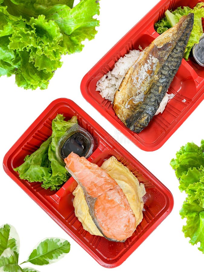 Saba and Salmon Fish Grilled with Salad in the Food Container Stock ...