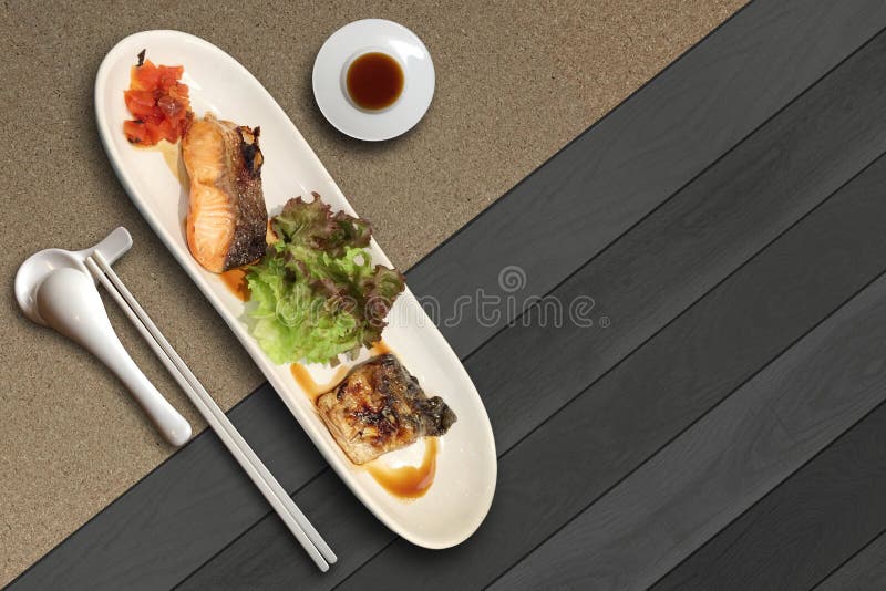 Saba and Salmon fish set. stock image. Image of serving - 77181963