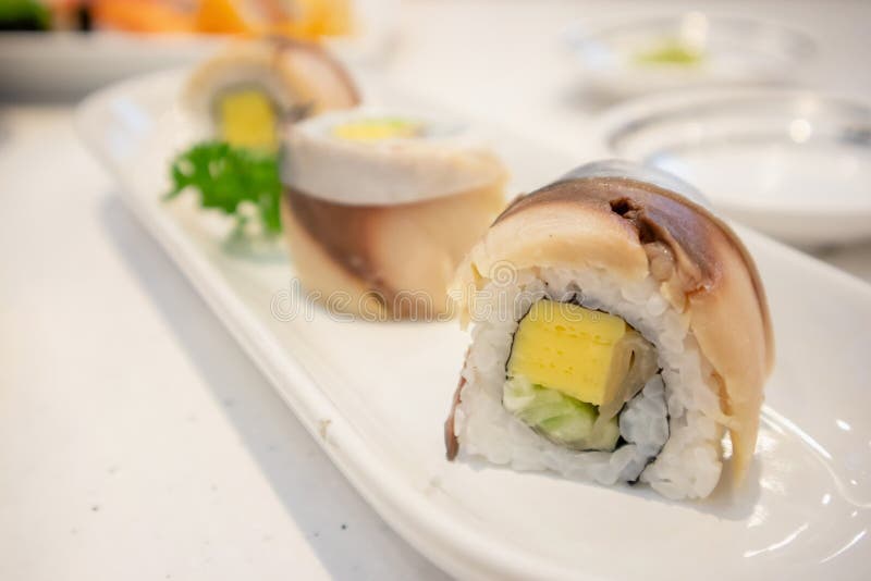 Saba sushi roll on plate stock photo. Image of maki - 134370134