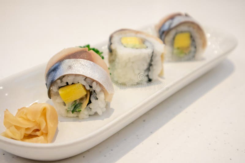 Saba sushi roll on plate stock photo. Image of japan - 136942230