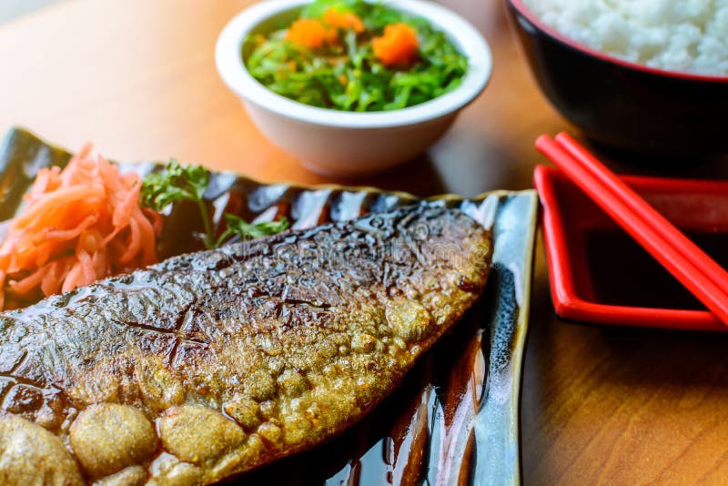 Saba Teriyaki Set with Rice and Miso Soup Stock Photo - Image of food ...