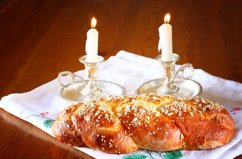 Sabbath Image. Challah Bread and Candelas on Wooden Table Stock Photo ...
