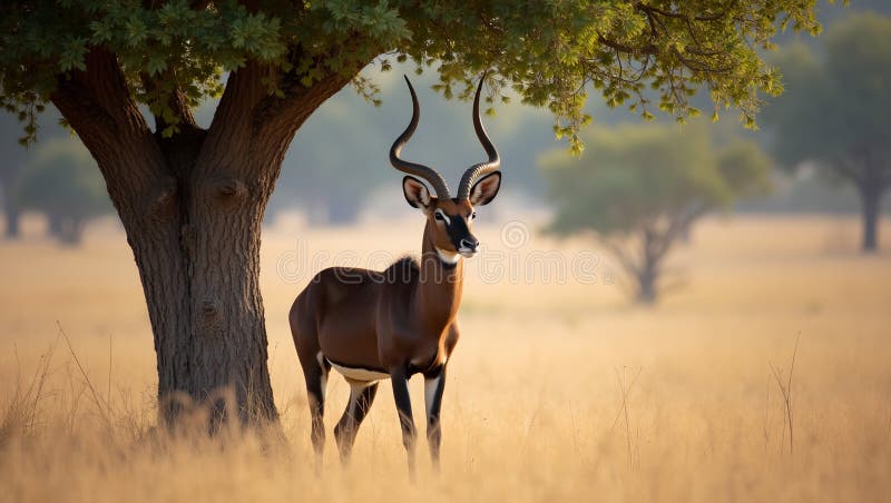 Sable Antelope Under Acacia Tree Strong Horns Stock Illustration ...