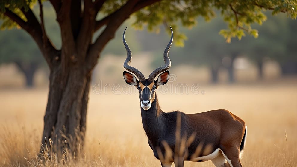 Sable Antelope Under Acacia Tree Strong Horns Stock Illustration ...